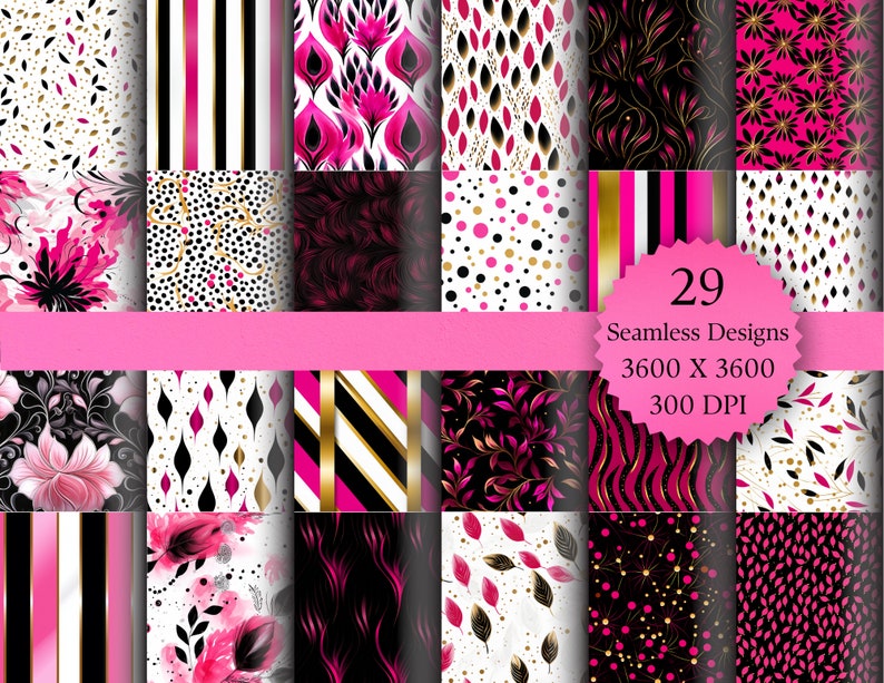 Luxurious Hot Pink & Black Digital Paper Pack Seamless 12x12 300 DPI ...