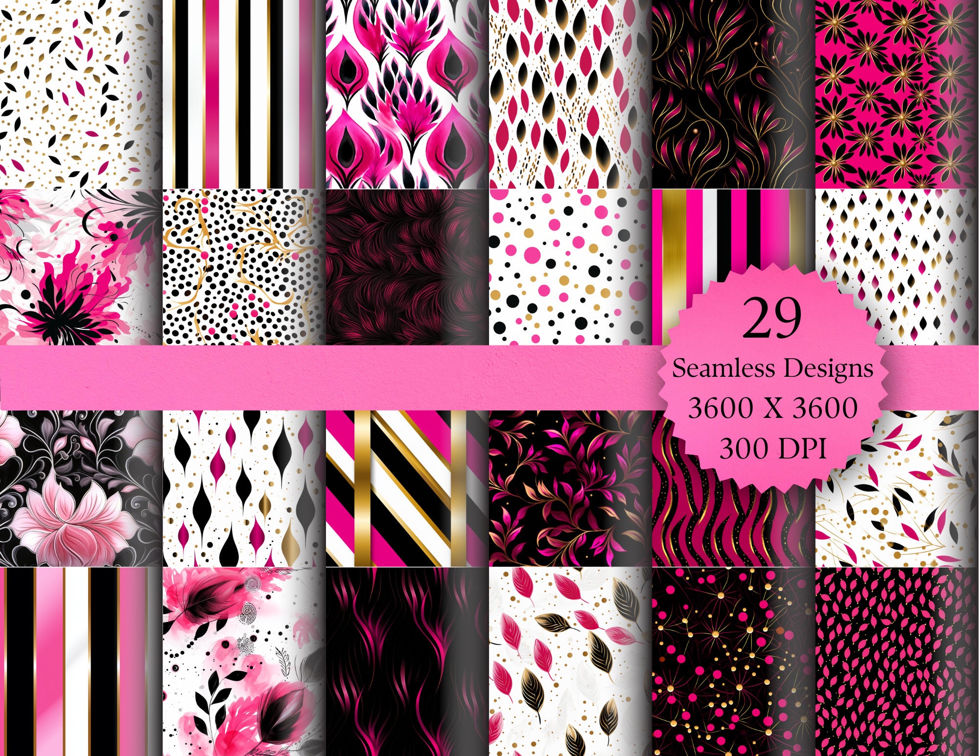 Luxurious Hot Pink & Black Digital Paper Pack Seamless 12x12 300 DPI ...