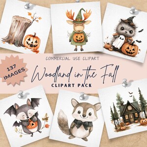 Watercolor Autumn Animals Clipart: Halloween Woodland PNG (commercial ...