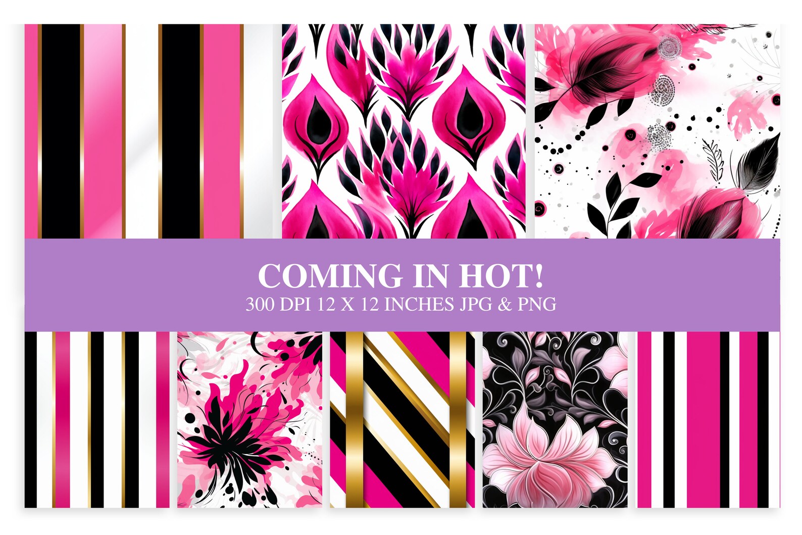 Luxurious Hot Pink & Black Digital Paper Pack Seamless 12x12 300 DPI ...