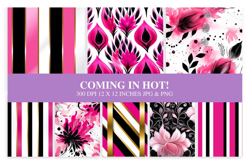 Luxurious Hot Pink & Black Digital Paper Pack Seamless 12x12 300 DPI ...