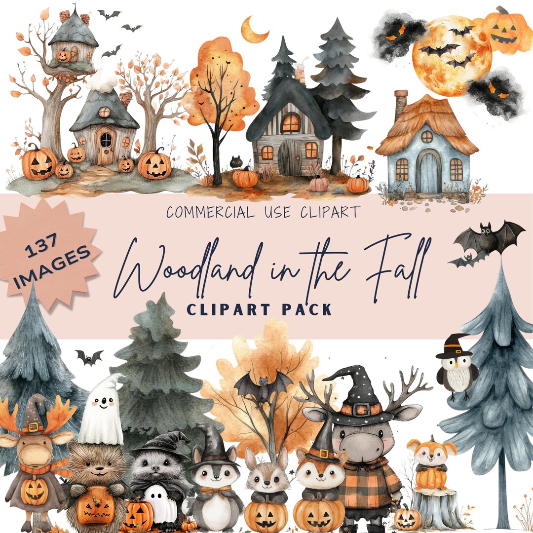 Watercolor Autumn Animals Clipart: Halloween Woodland PNG (commercial ...