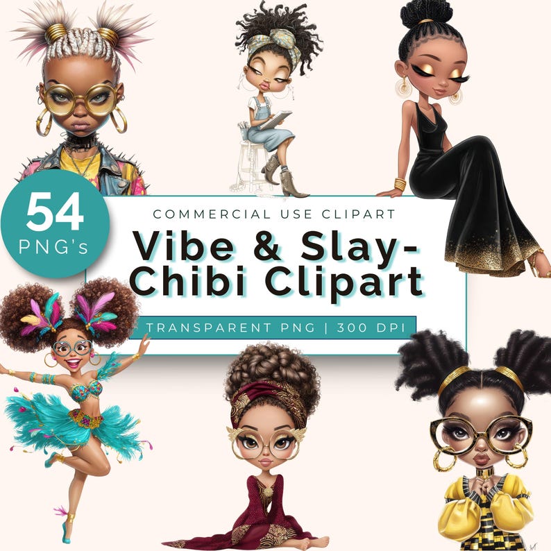 Chibi Girl Clipart Bundle: Diverse Black & Brown Girls, PNG Graphics ...