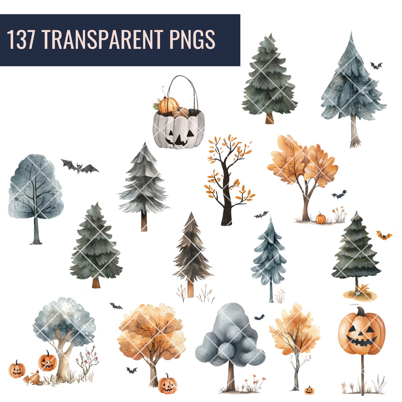 Watercolor Autumn Animals Clipart: Halloween Woodland PNG (commercial ...
