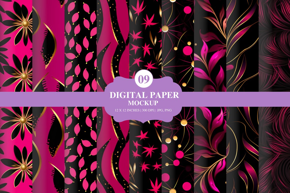 Luxurious Hot Pink & Black Digital Paper Pack Seamless 12x12 300 DPI ...