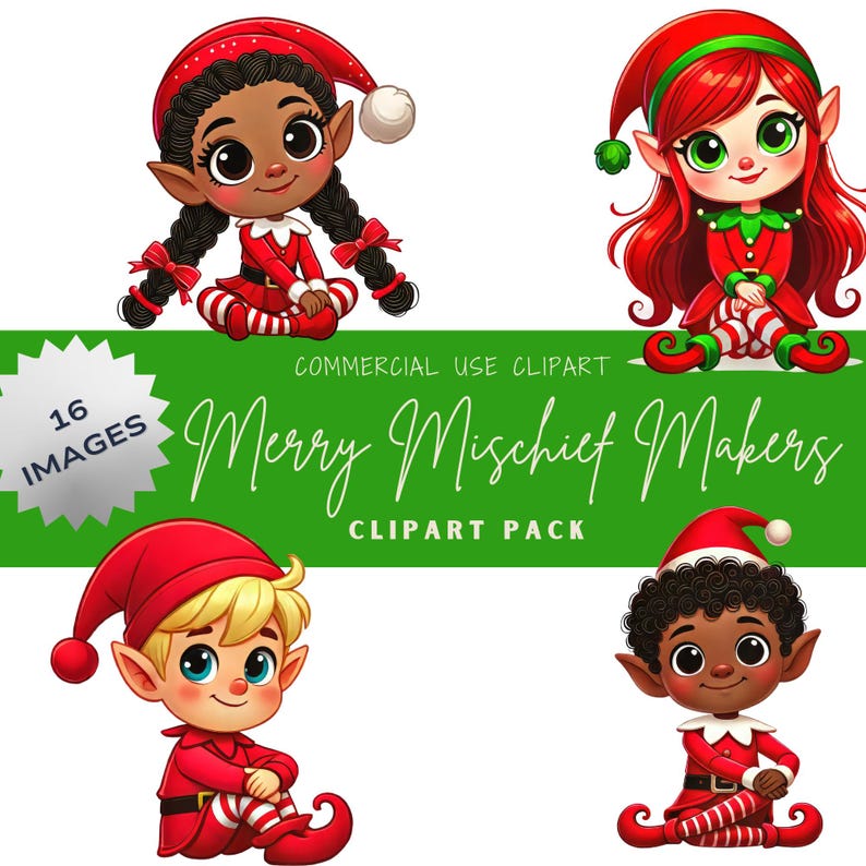 Christmas Elves Clipart: 16 Diverse Holiday PNG Images (digital ...