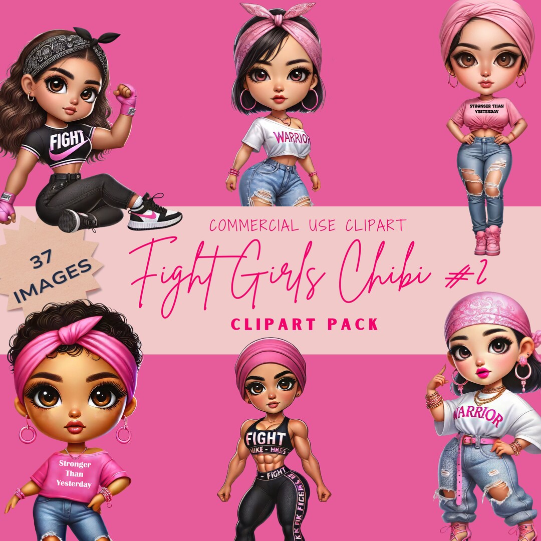 Breast Cancer Awareness Chibi Clipart: Fight Girls PNG Designs (300 DPI ...