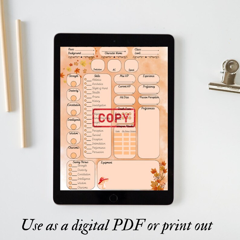 Fall Autumn Mushroom Dungeons and Dragons Character Sheet for Dnd ...