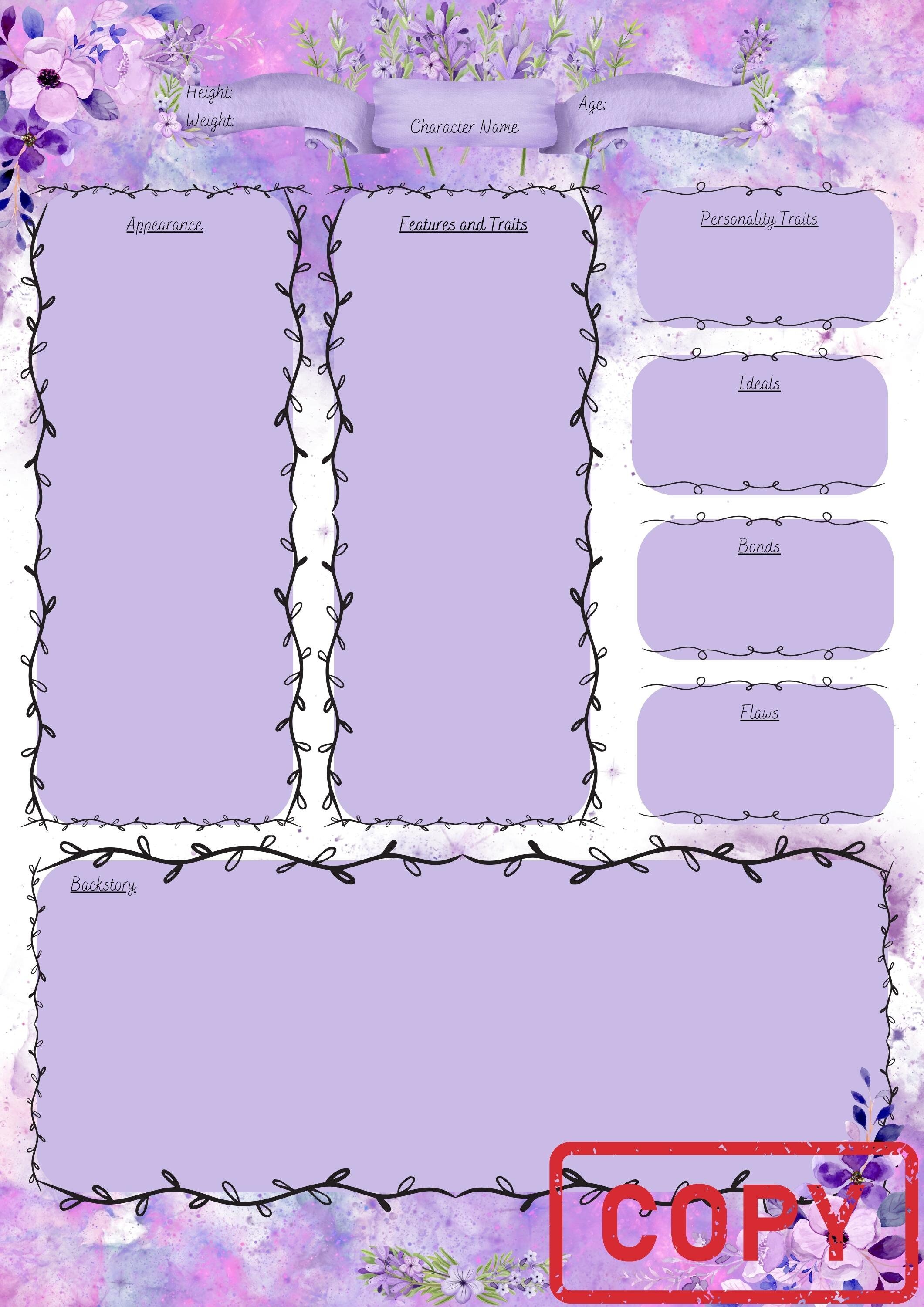 Purple Floral Dungeons and Dragons Character Sheet for Dnd Beginner ...