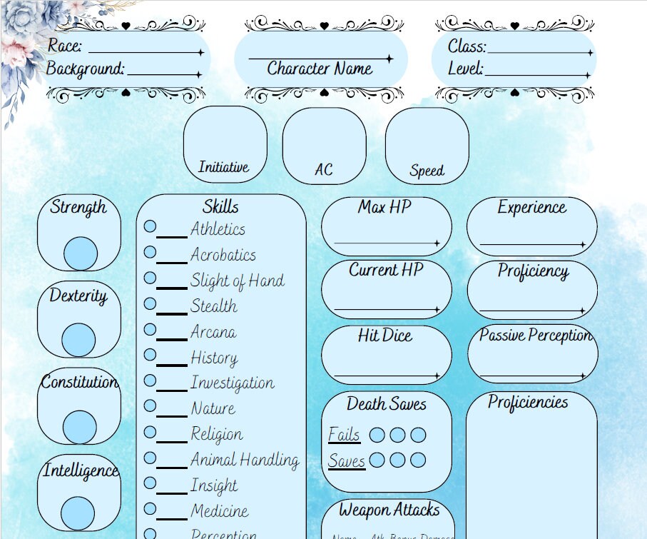 Pastel Blue Dungeons and Dragons Character Sheet for Dnd Beginner ...
