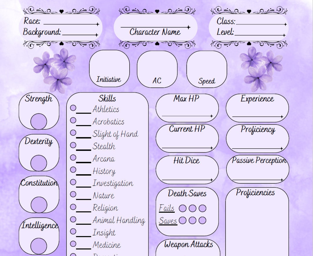 Purple Magic Crystal Floral Dungeons and Dragons Character Sheet for ...