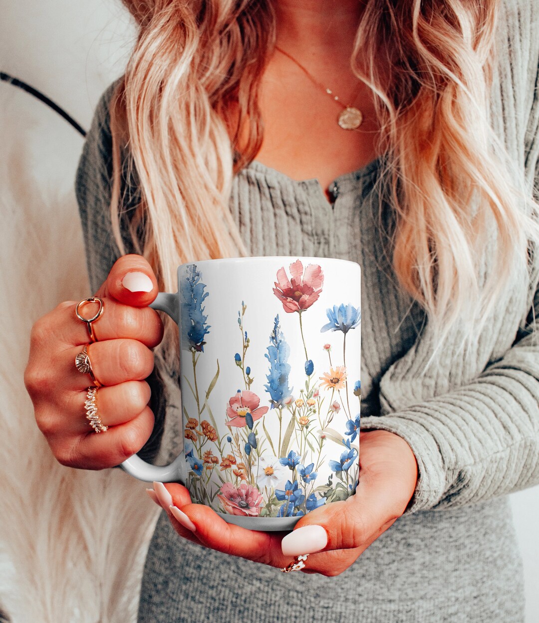 Floral Ceramic Mug Beautiful Watercolor Wildflowers Pressed Flowers ...