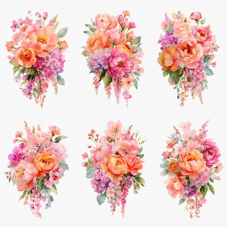 Watercolor Vibrant Pink, Purple and Orange Floral Clipart Pack, 30 Fun ...