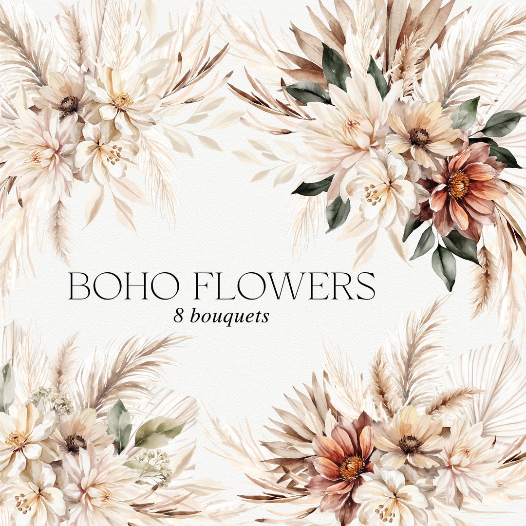 Boho Flower Clipart, Boho Floral Bouquet Graphics, Boho Eucalyptus Leaf ...