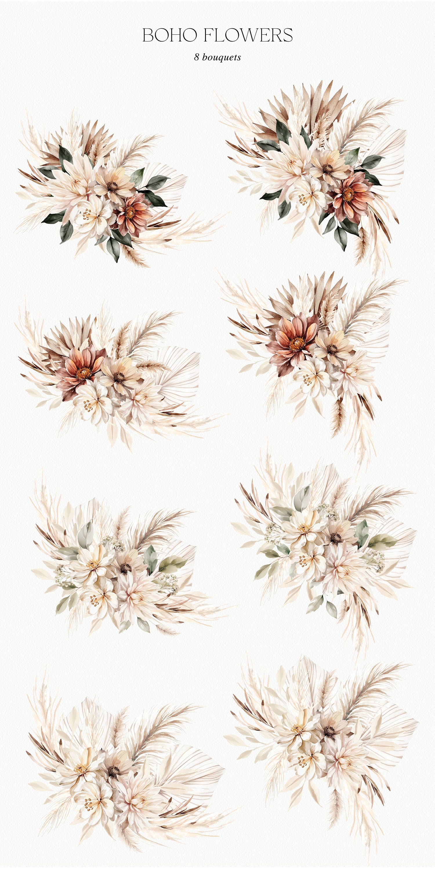 Boho Flower Clipart, Boho Floral Bouquet Graphics, Boho Eucalyptus Leaf ...