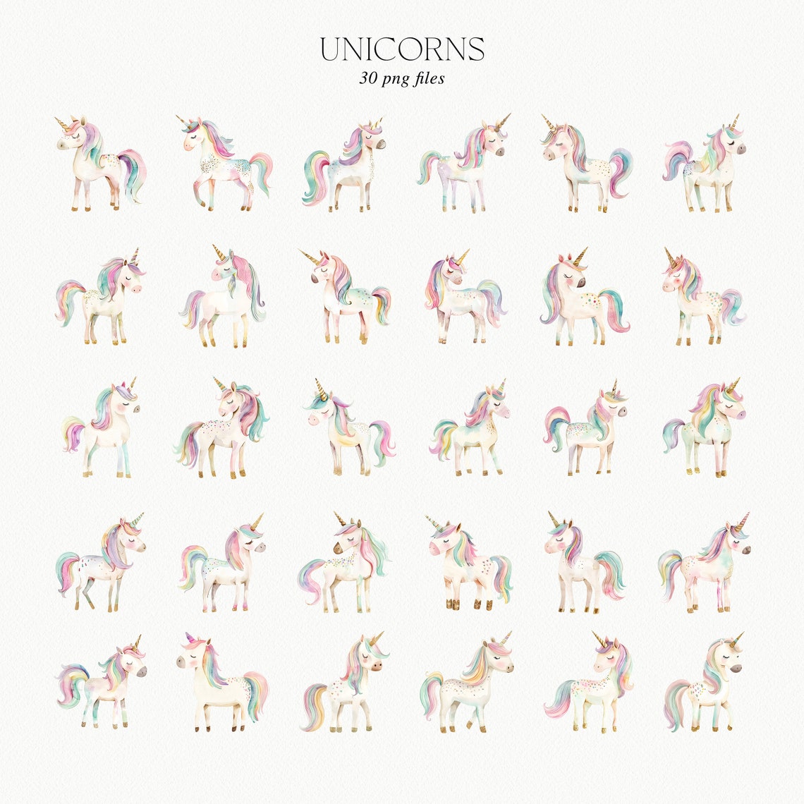 Unicorn Clipart, Pastel Rainbow Unicorn Party Clip Art, Watercolor ...