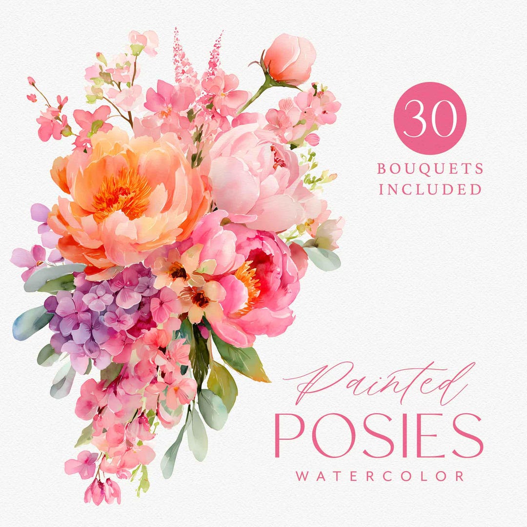 Watercolor Vibrant Pink, Purple and Orange Floral Clipart Pack, 30 Fun ...