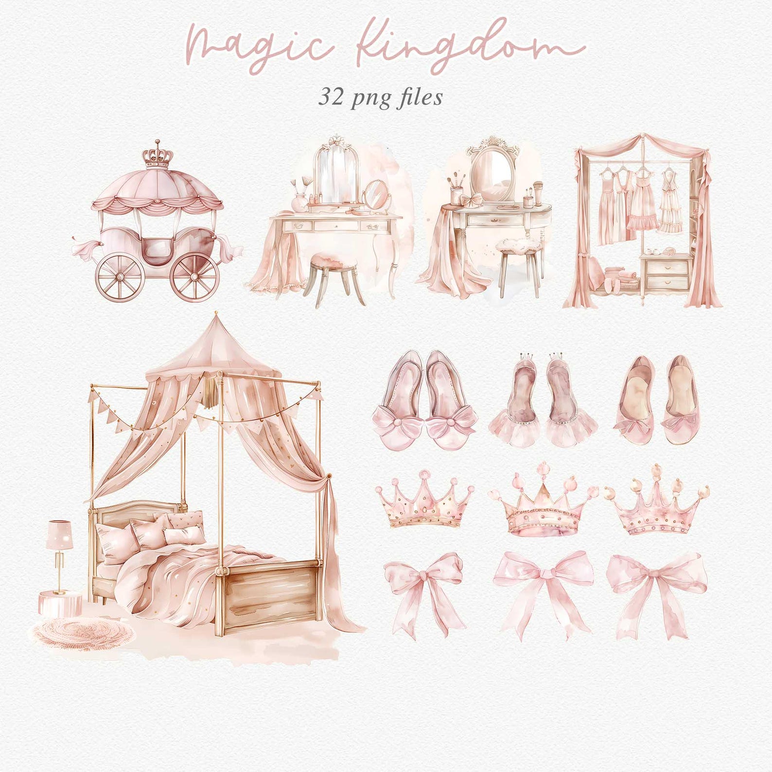 Princess Unicorn Clipart: Magic Kingdom Watercolor Art (32 PNG Files ...