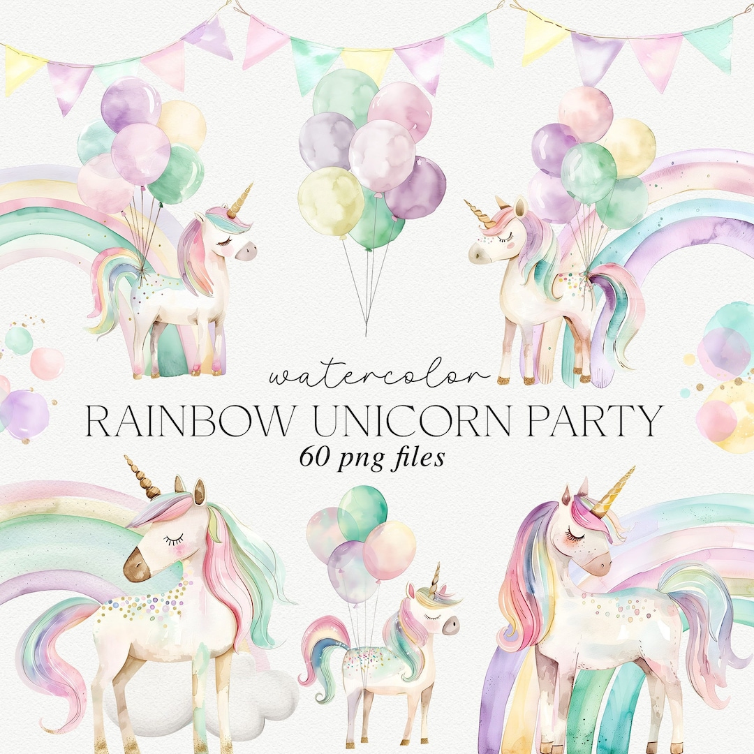 Unicorn Clipart, Pastel Rainbow Unicorn Party Clip Art, Watercolor ...