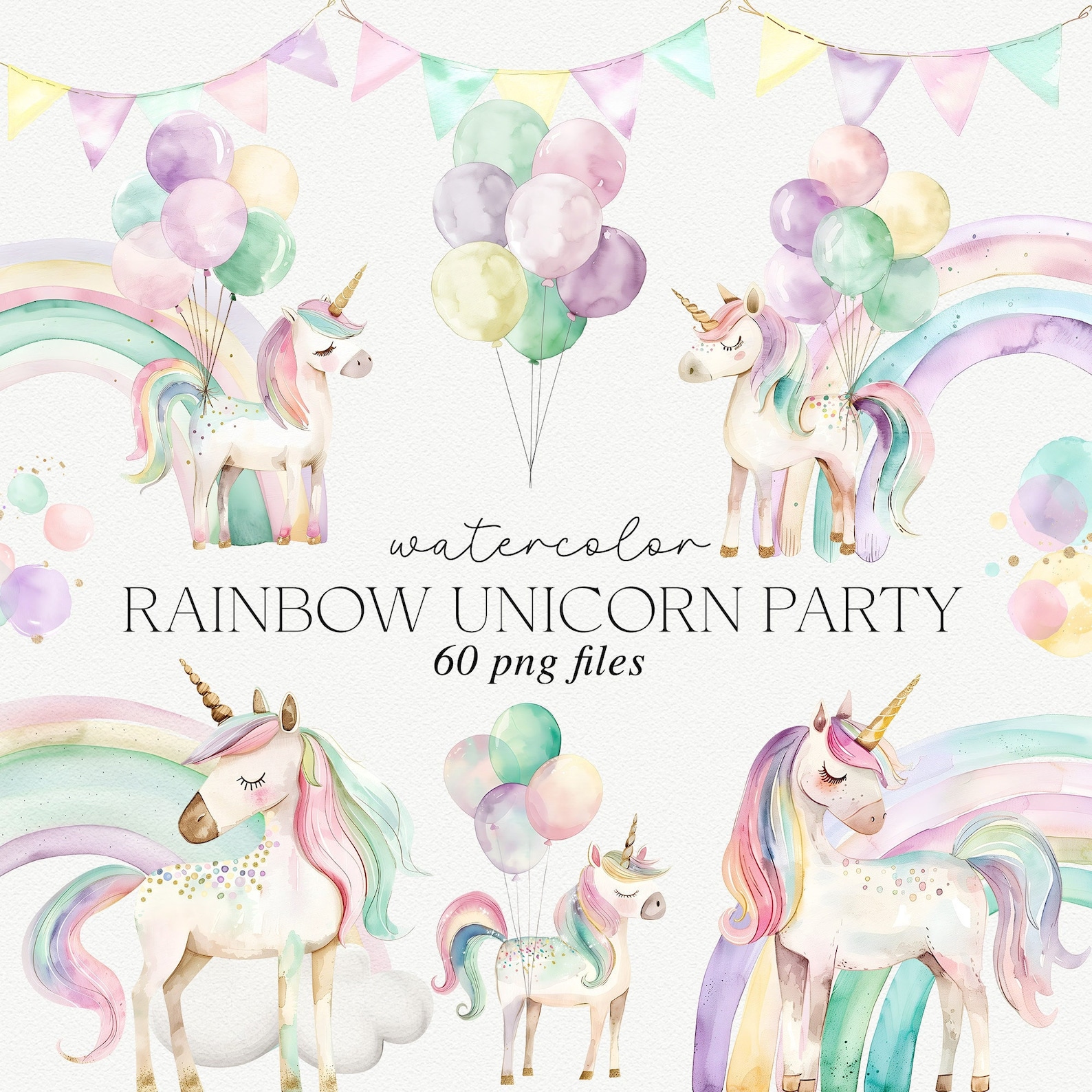 Unicorn Clipart, Pastel Rainbow Unicorn Party Clip Art, Watercolor ...