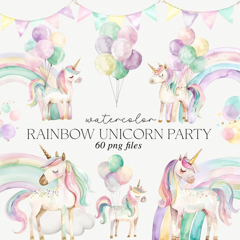 Unicorn Clipart, Pastel Rainbow Unicorn Party Clip Art, Watercolor ...