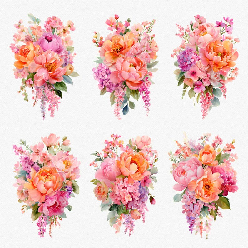Watercolor Vibrant Pink, Purple and Orange Floral Clipart Pack, 30 Fun ...