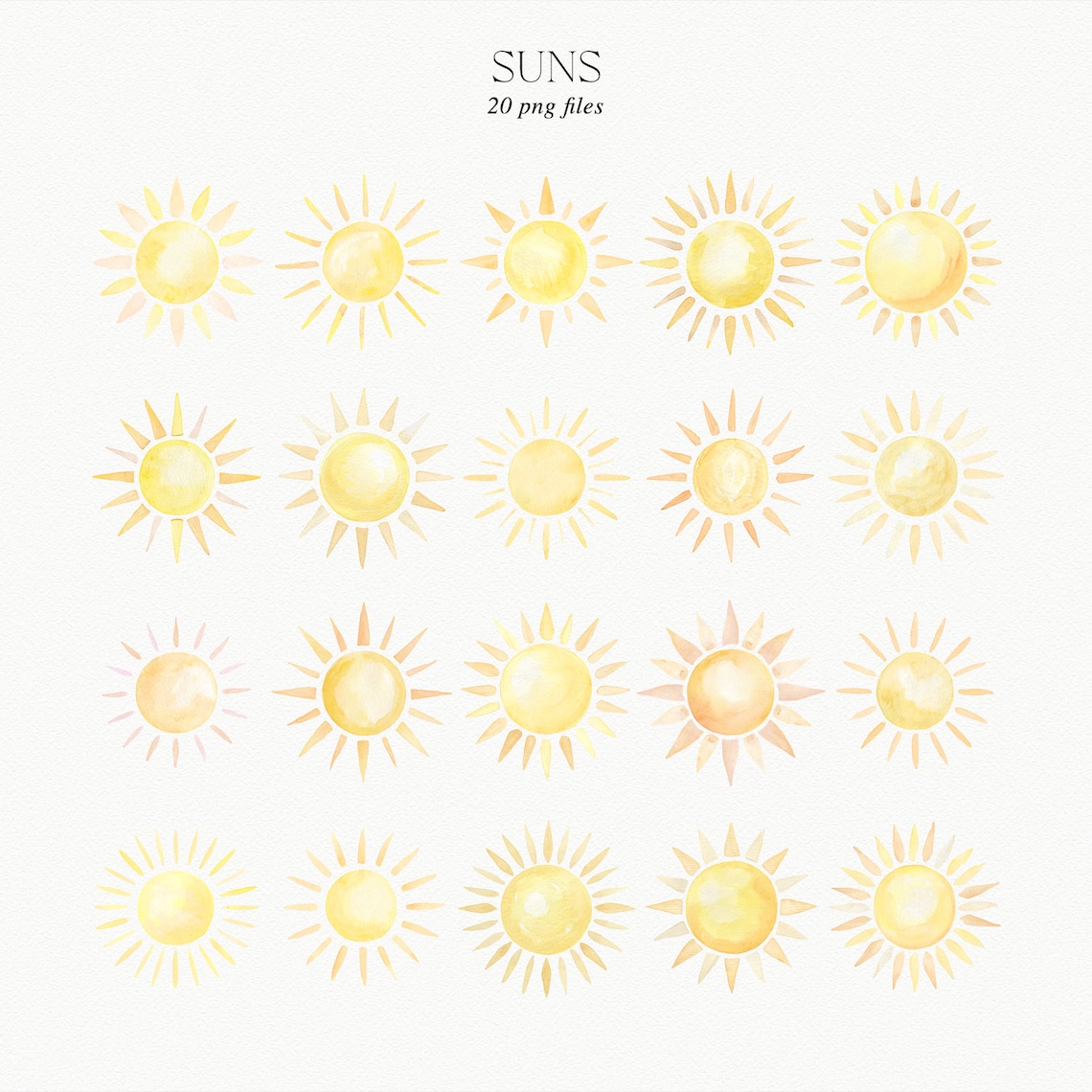 Sun Clipart, Pastel Yellow Watercolor Suns, Sun Graphics, Watercolor ...