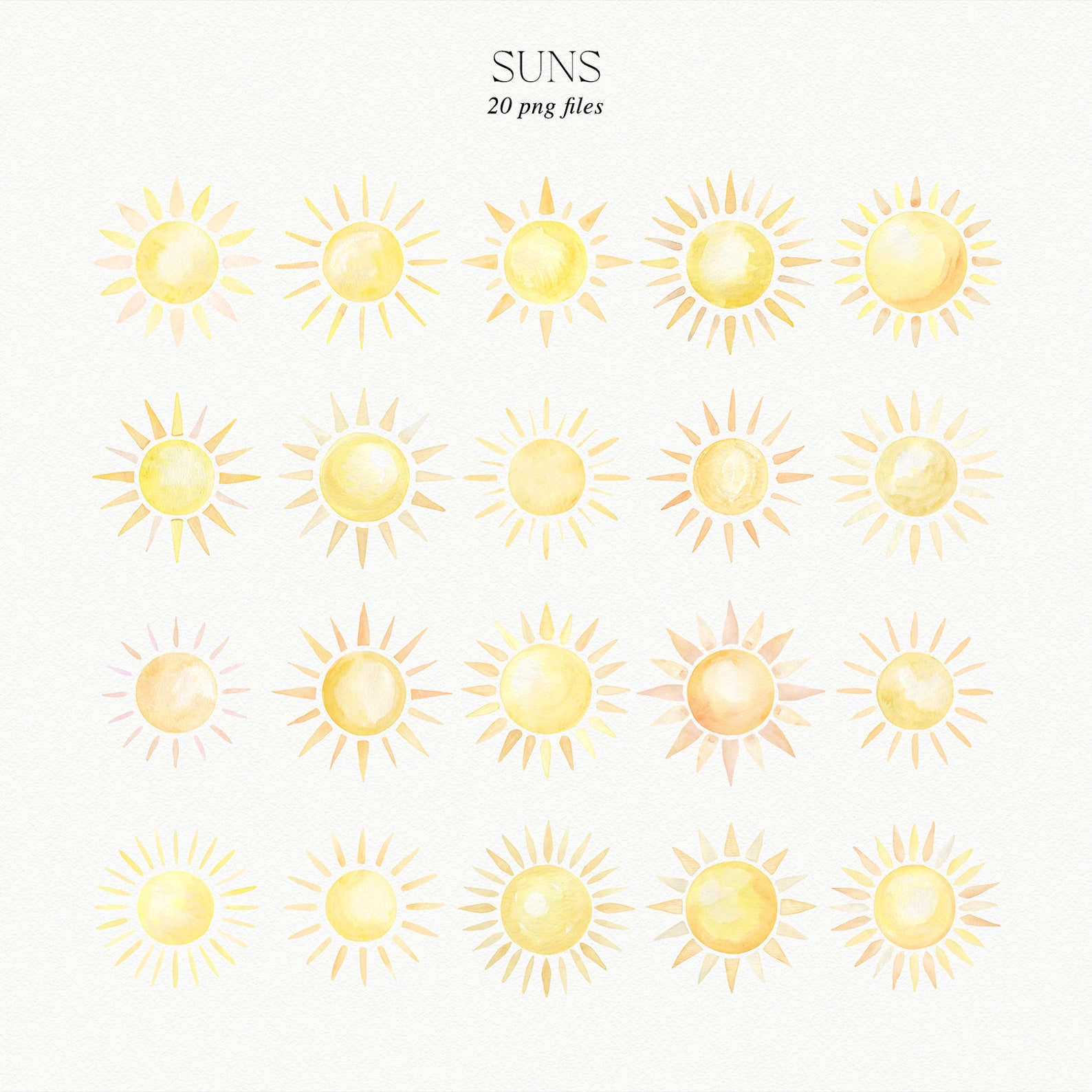 Sun Clipart, Pastel Yellow Watercolor Suns, Sun Graphics, Watercolor ...