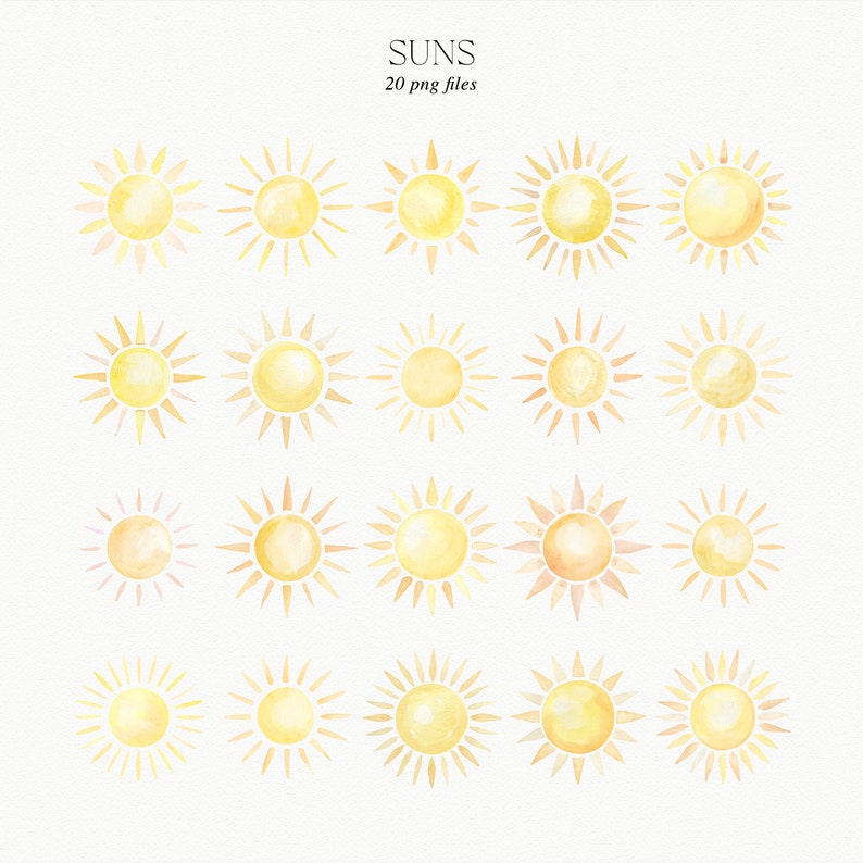 Pastel Yellow Watercolor Sun Clipart: 20 PNG Graphics - Etsy New Zealand