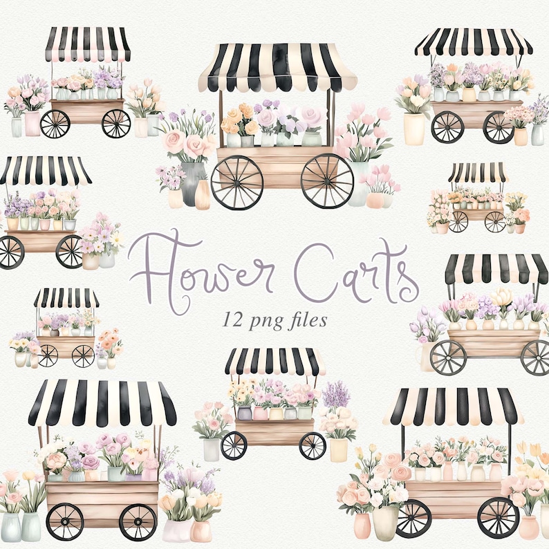 Watercolor Flower Cart Clipart: Flower Market Graphics (PNG, 300 DPI ...