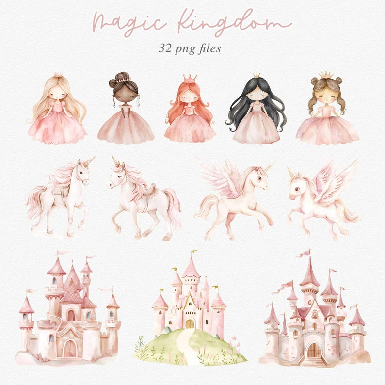 Princess Unicorn Clipart: Magic Kingdom Watercolor Art (32 PNG Files ...