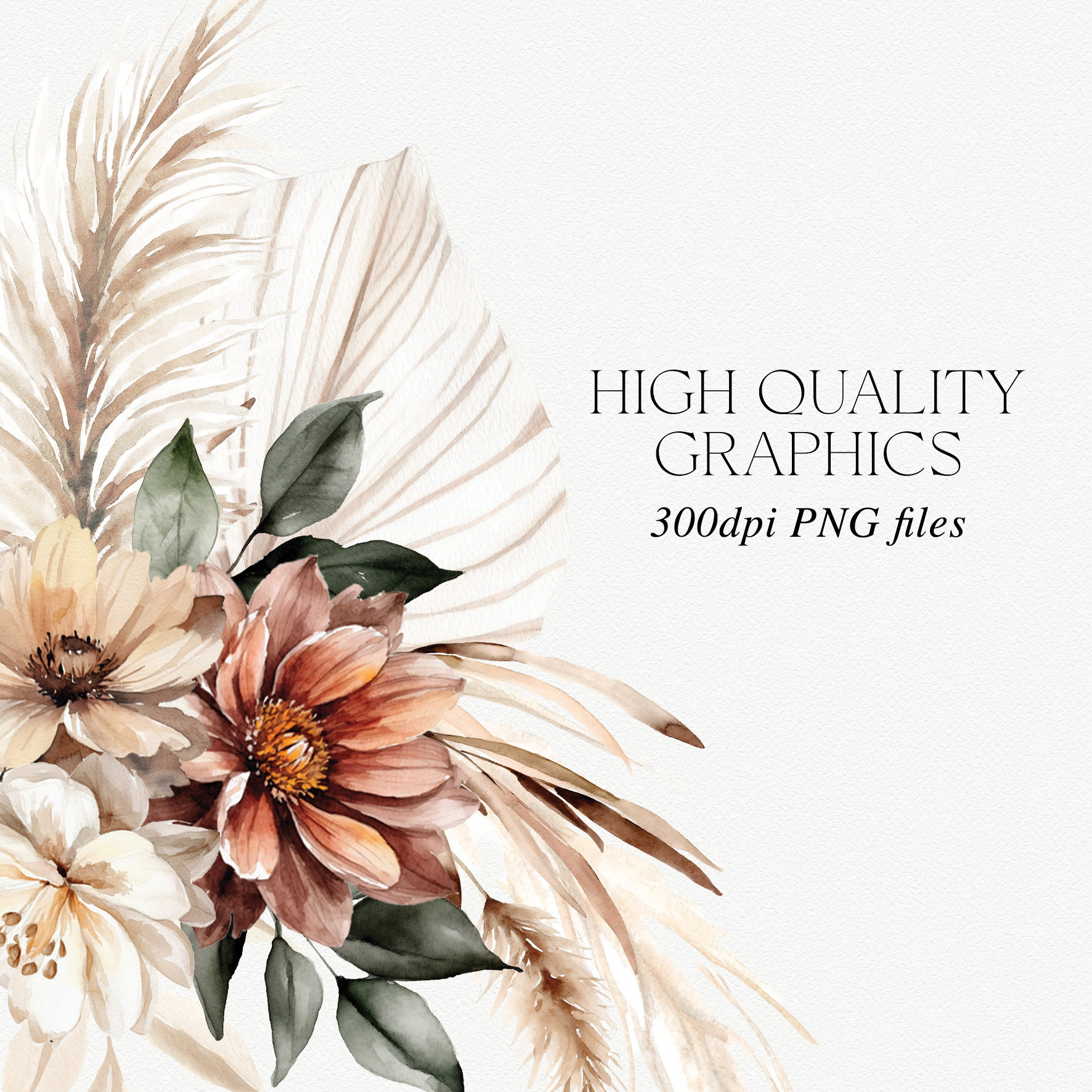 Boho Flower Clipart, Boho Floral Bouquet Graphics, Boho Eucalyptus Leaf ...