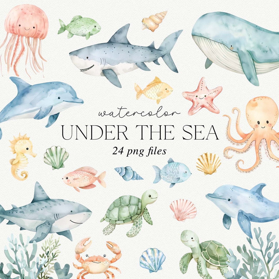 Watercolor Under the Sea Clipart: Pastel Sea Animals (24 PNG) - Etsy
