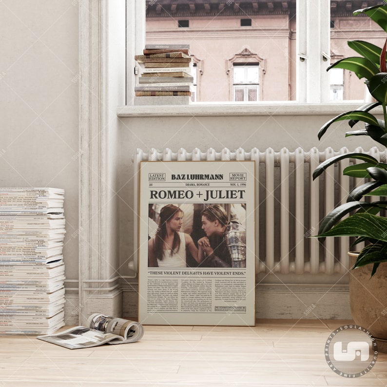 Romeo Juliet Poster, Baz Luhrmann, Movie Poster, Retro Newspaper, Black ...
