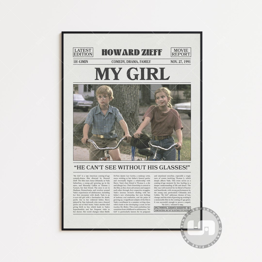 My Girl Poster Howard Zieff Movie Poster Retro Newspaper Black White Wall Art Vintage Retro