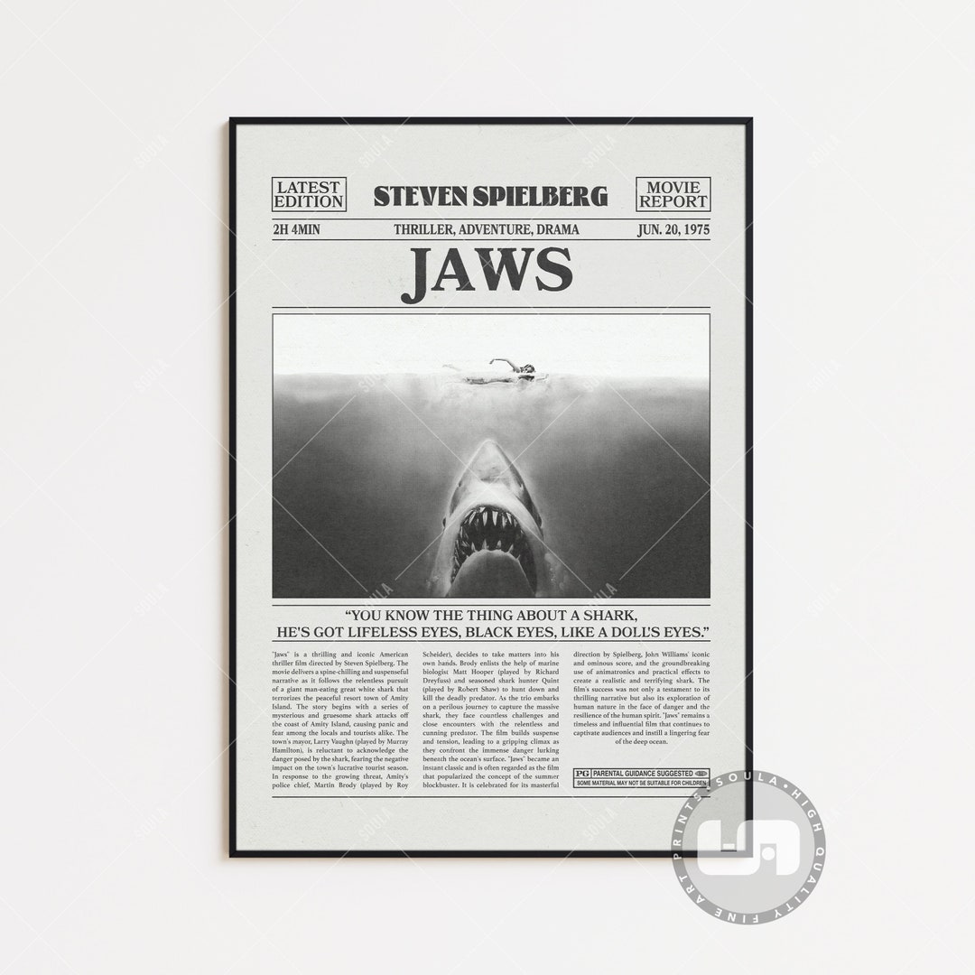 Jaws Steven Spielberg Retro Newspaper Movie Poster Black - Etsy