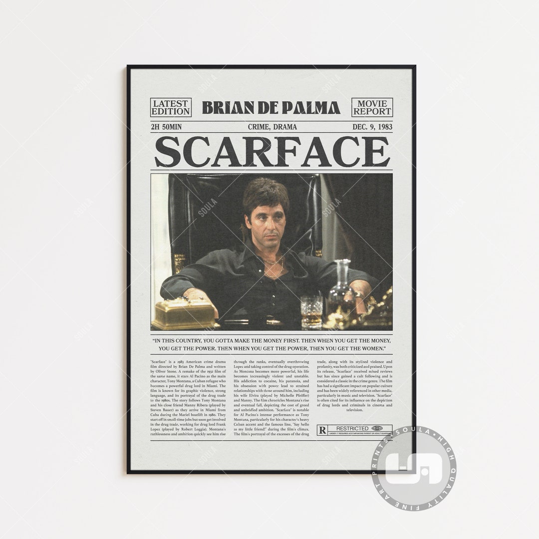 Scarface Poster, Brian De Palma, Movie Poster, Retro Newspaper, Black ...