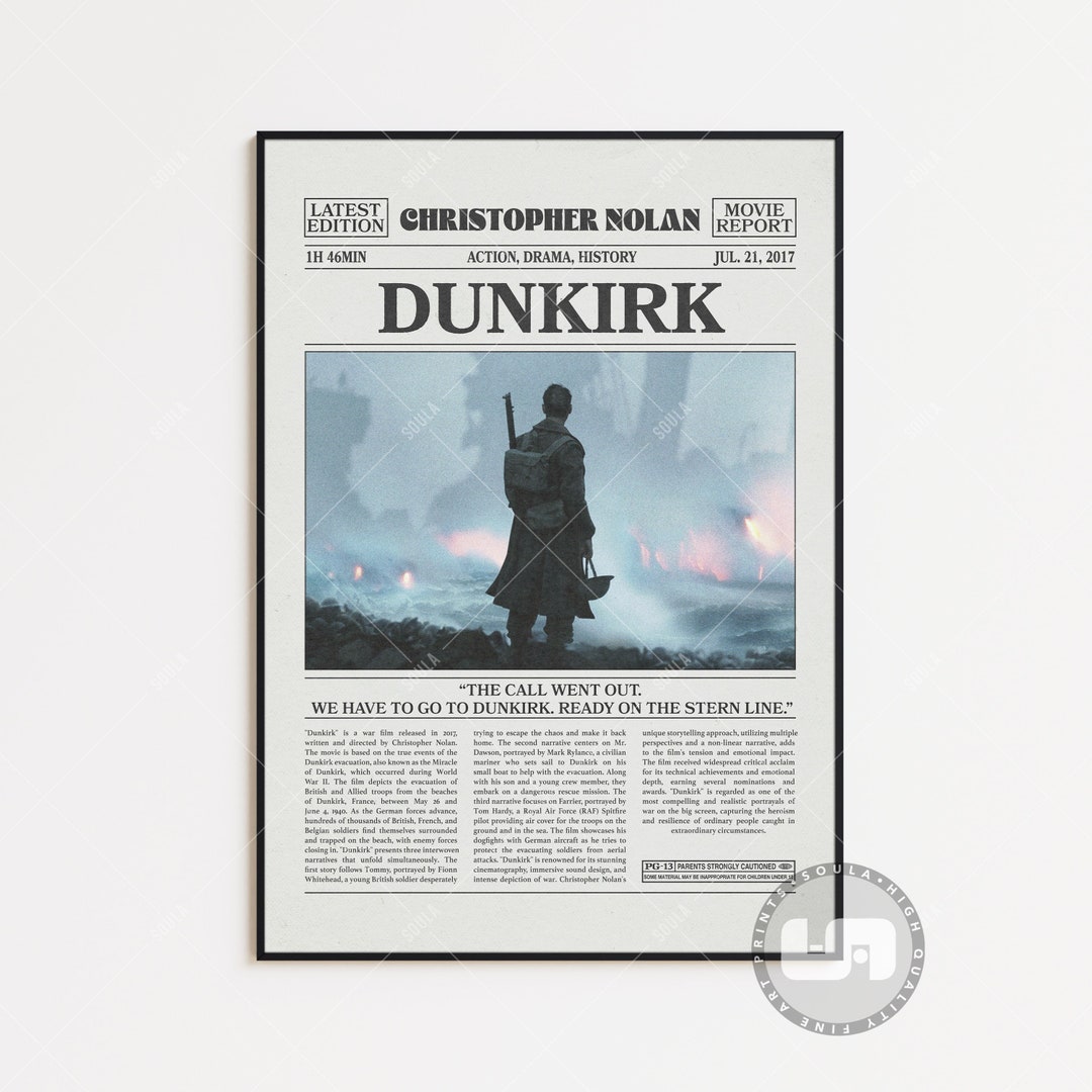 Dunkirk, Christopher Nolan, Retro Newspaper Movie Poster, Black White Wall Art, Vintage Retro ...
