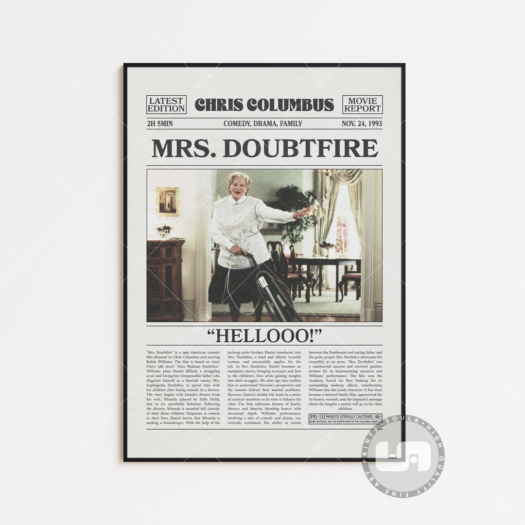 Mrs. Doubtfire Poster, Chris Columbus, Movie Poster, Retro Newspaper ...