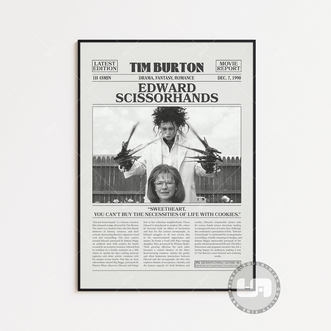 Edward Scissorhands, Tim Burton, Retro Newspaper Movie Poster, Black ...