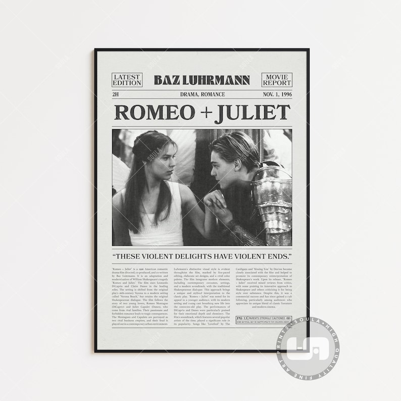 Romeo Juliet Poster, Baz Luhrmann, Movie Poster, Retro Newspaper, Black ...