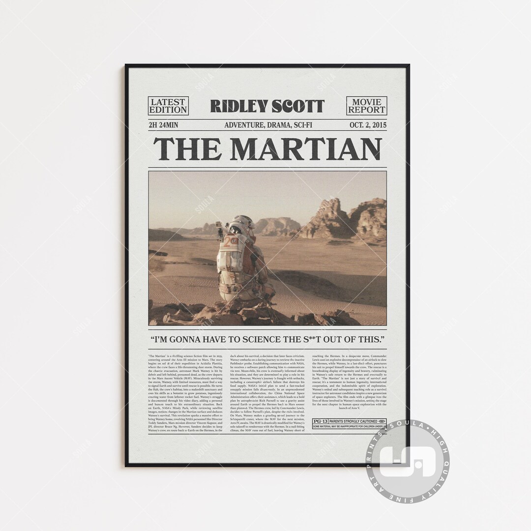 The Martian Poster, Ridley Scott, Movie Poster, Retro Newspaper, Black ...