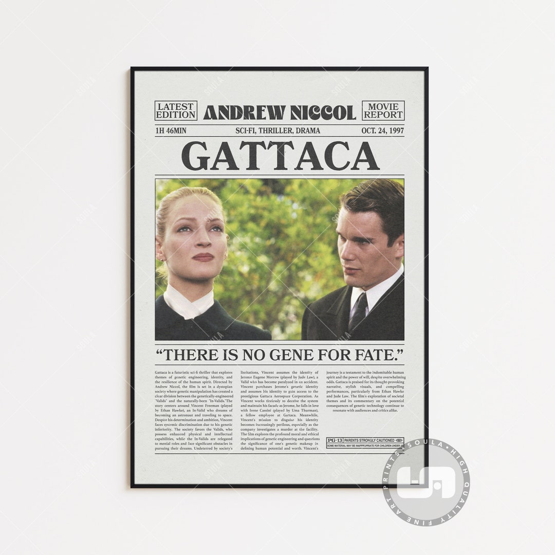 Gattaca Poster, Andrew Niccol, Retro Newspaper Movie Poster, Black White Wall Art, Vintage Retro ...