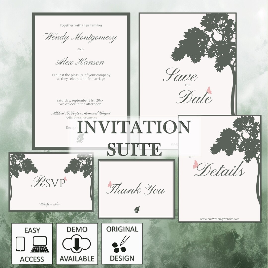 Green Nature Wedding Invitation Template Suite With Qr Code Download