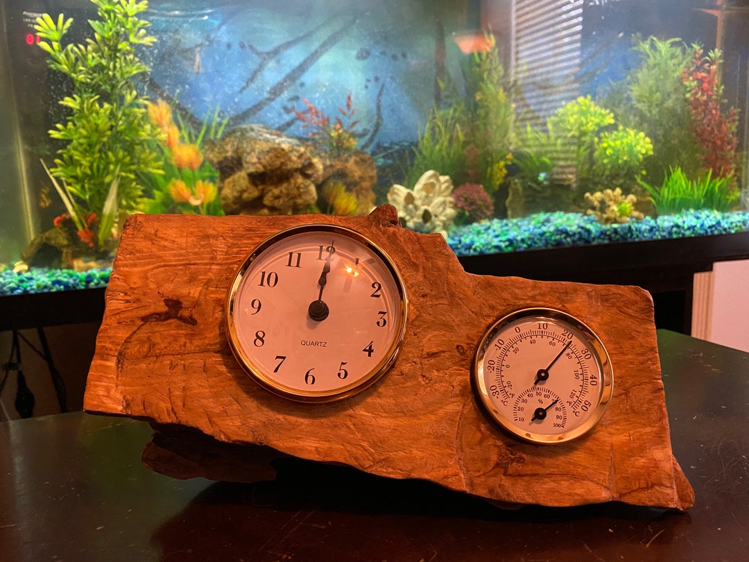 Rustic Clock and Temperature Gauge Embedded in Stunning Heartwood Piece ...