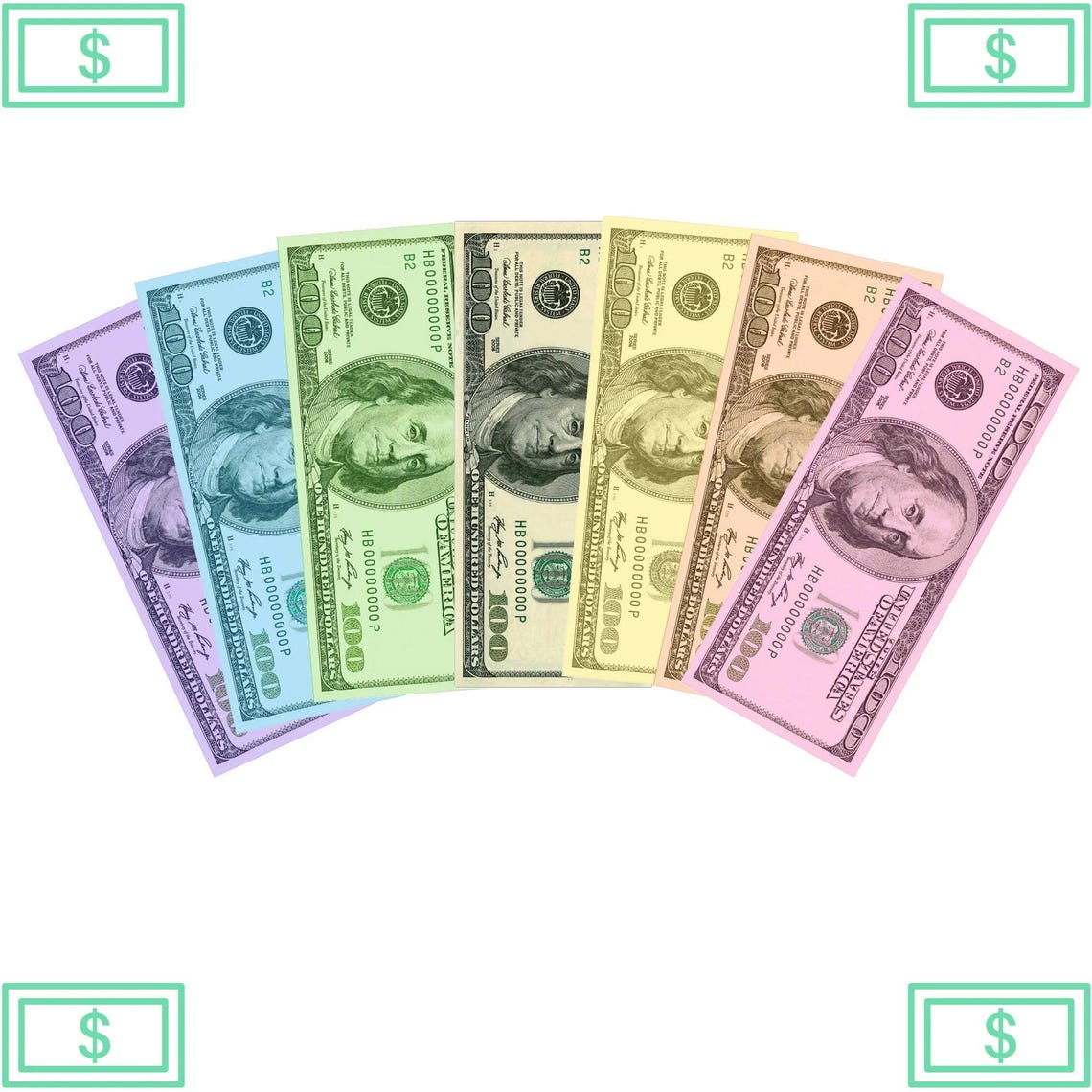 Printable Rainbow 100 Dollar Bills Placeholders Play Prop Money Baby ...
