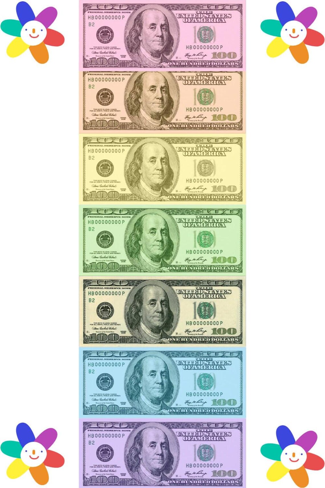 Printable Rainbow 100 Dollar Bills Placeholders Play Prop Money Baby ...