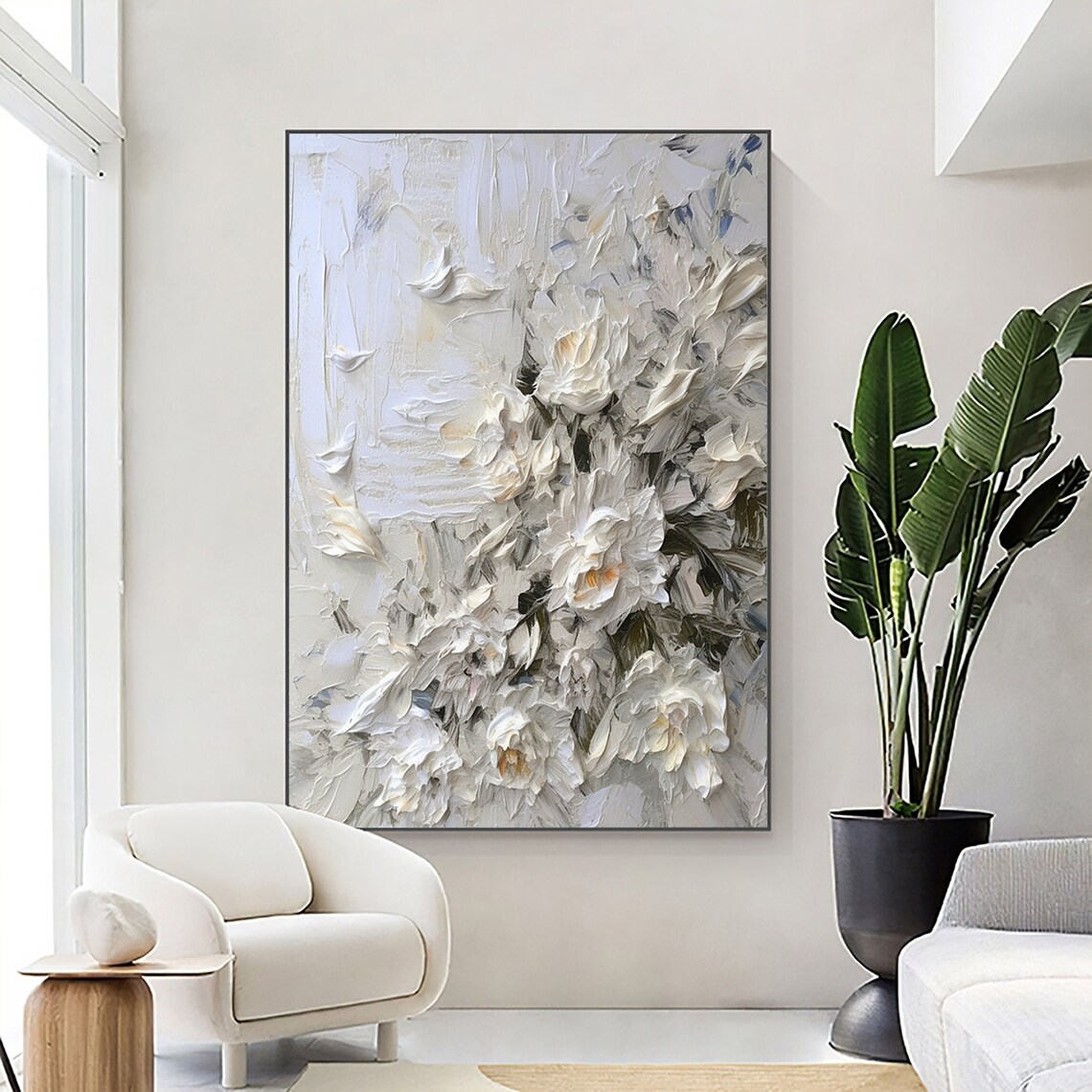 Large 3D White Gray Flower Oil Painting on Canvas,gray-white Wall Art ...