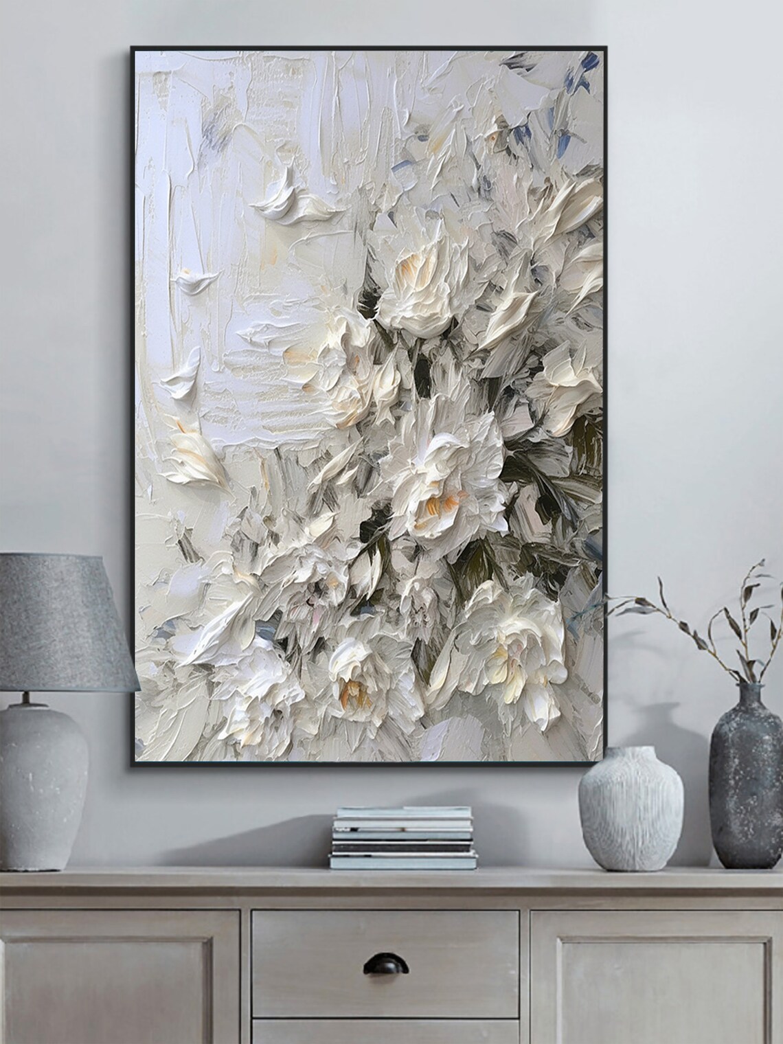 Large 3D White Gray Flower Oil Painting on Canvas,gray-white Wall Art ...