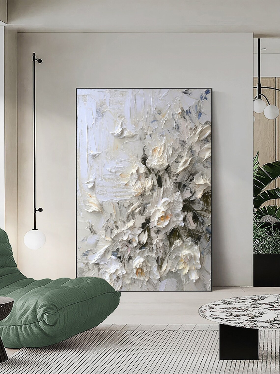 Large 3D White Gray Flower Oil Painting on Canvas,gray-white Wall Art ...